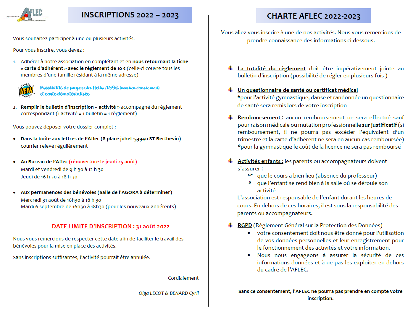 Démarche Inscription et Charte AFLEC 2022-2023 - AFLEC
